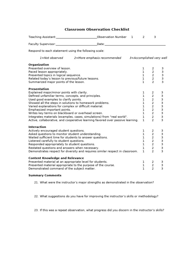 Classroom Observation Form | PDF | Learning | Cognitive Science