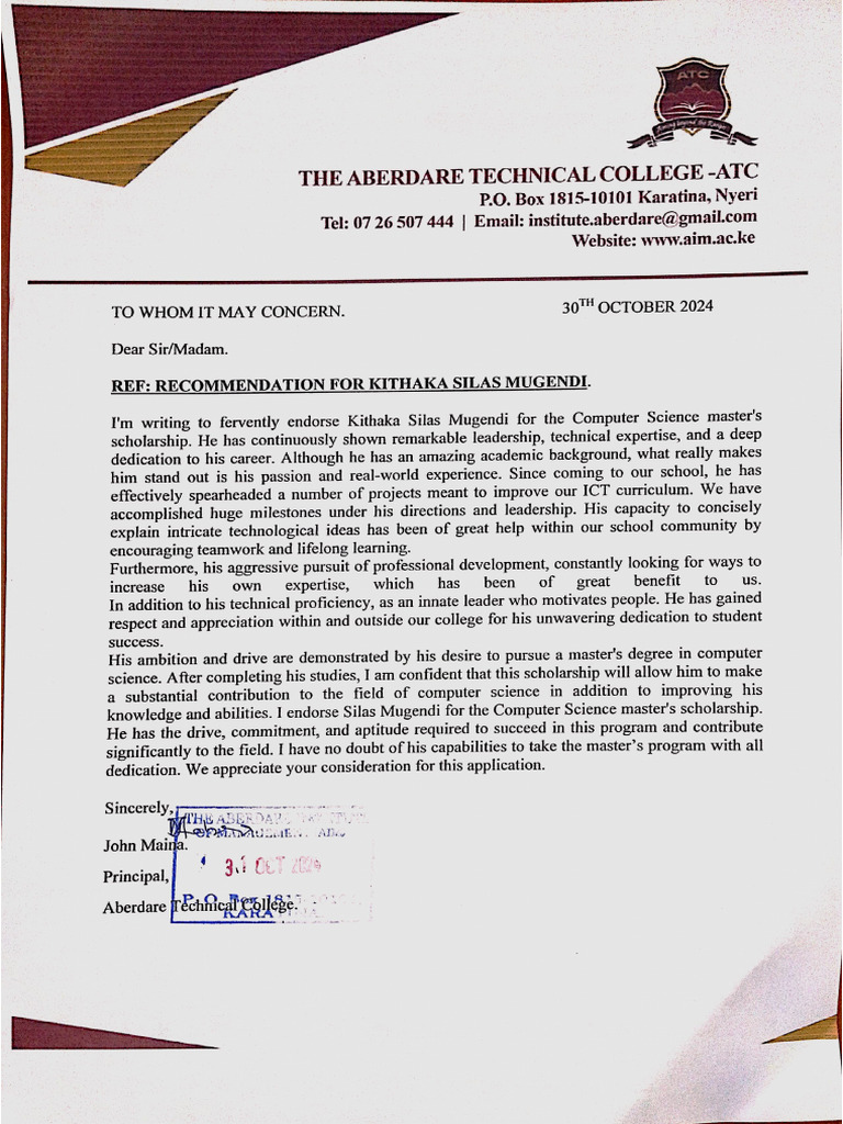 Silas Mugendi Recommendation Letter | PDF