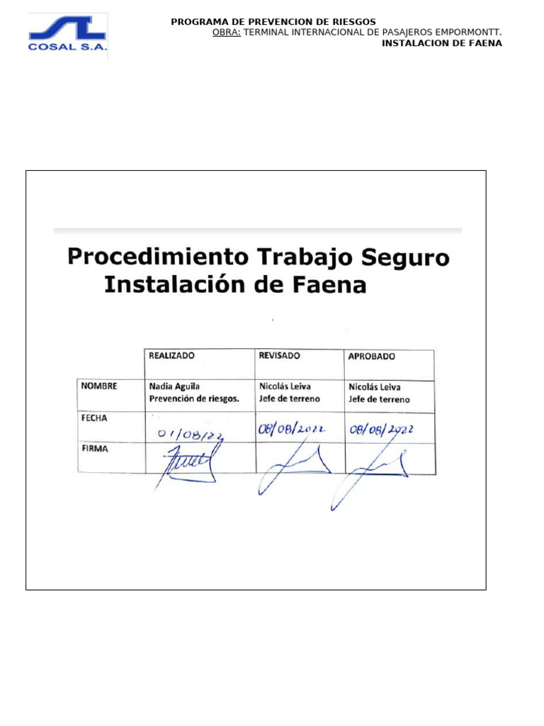 P.T.S instalacion de faena | PDF