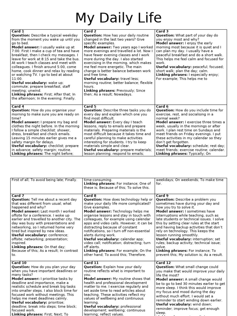 My Daily Life - GESE Questions and Model Answers - Cue Cards | PDF
