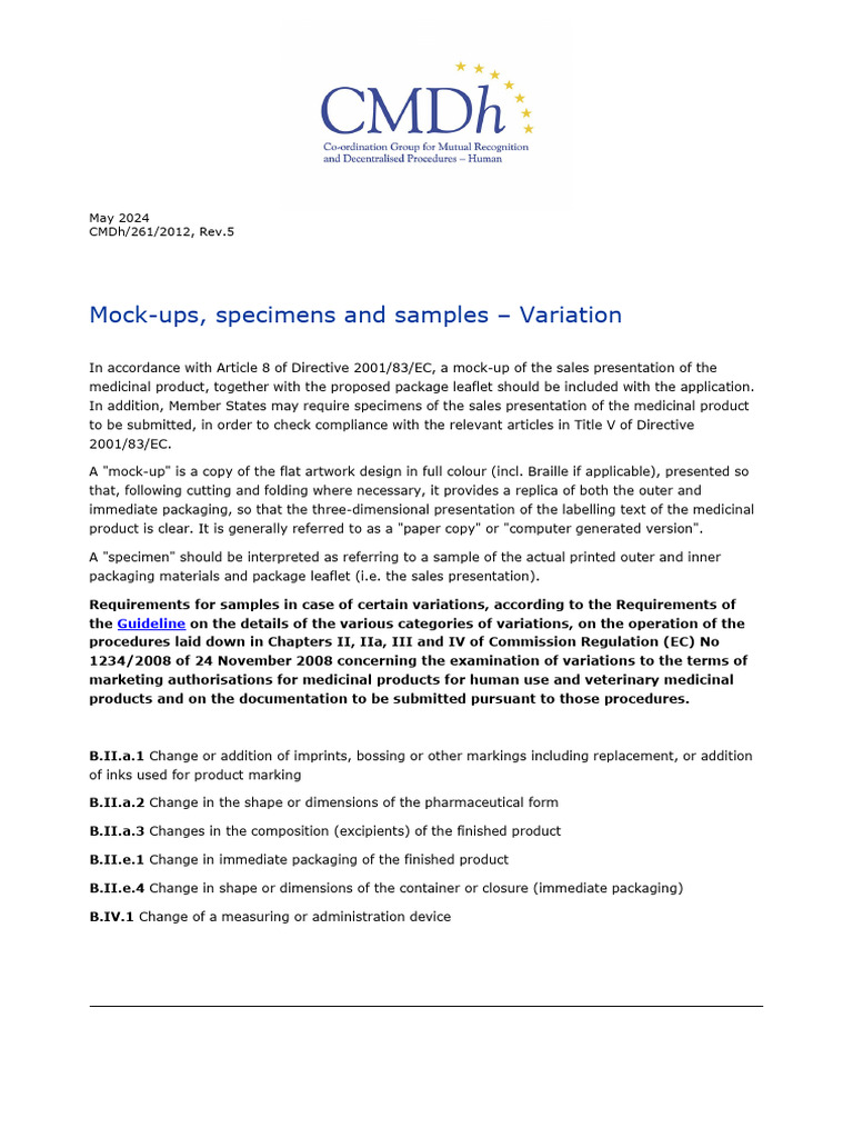 CMDh 261 2012 Rev 5 2024 05 - Mock-ups Specimens and Samples - Clean | PDF