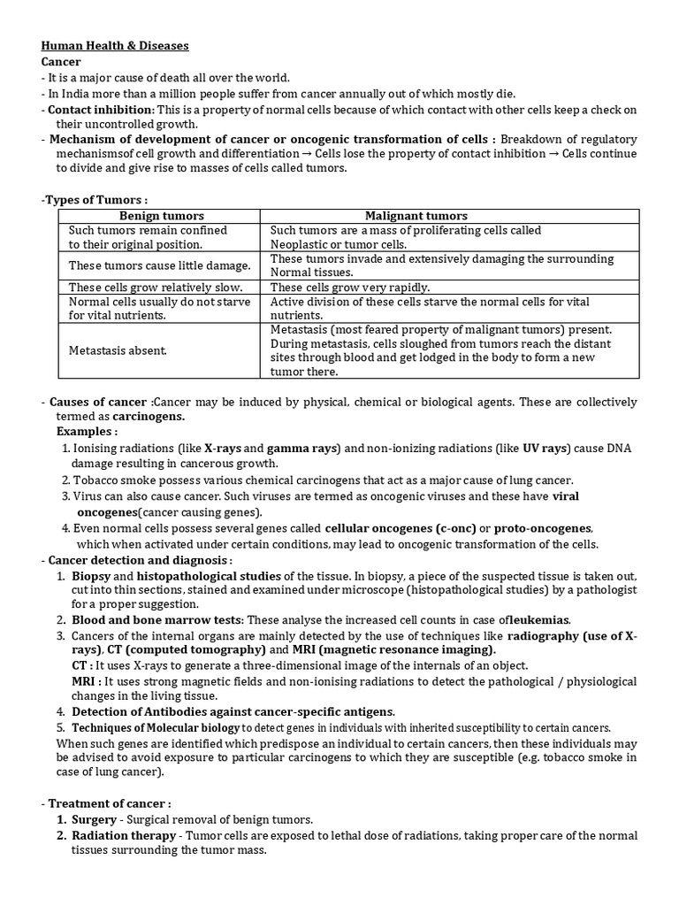 Human Health & Diseases Class 12th CANCER , DRUGS, HIV | PDF | Cancer ...