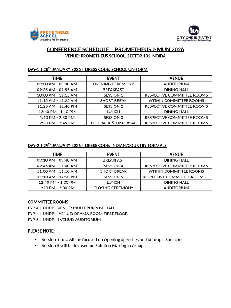Conference Schedule - PJMUN 2026 | PDF