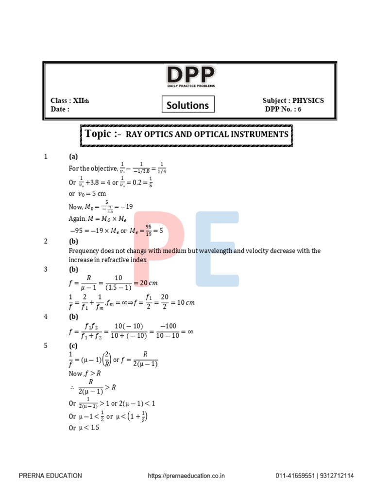 Ray Optics and Optical Instruments DPP 6 SOLUTION | PDF | Optics ...