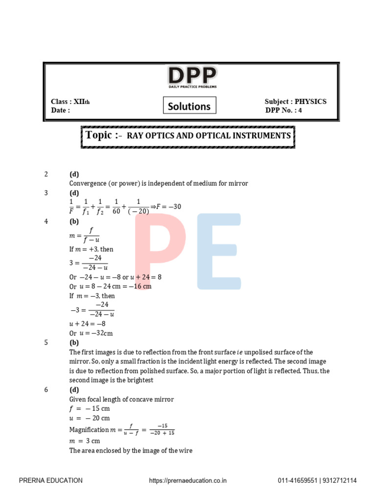Ray Optics and Optical Instruments DPP 4 SOLUTION | PDF | Optics | Rainbow