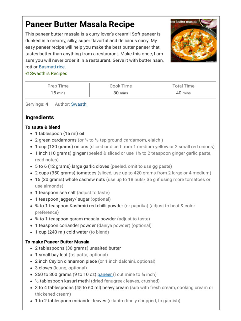 Paneer Butter Masala Recipe - Swasthi's Recipes (1) | PDF | Curry ...