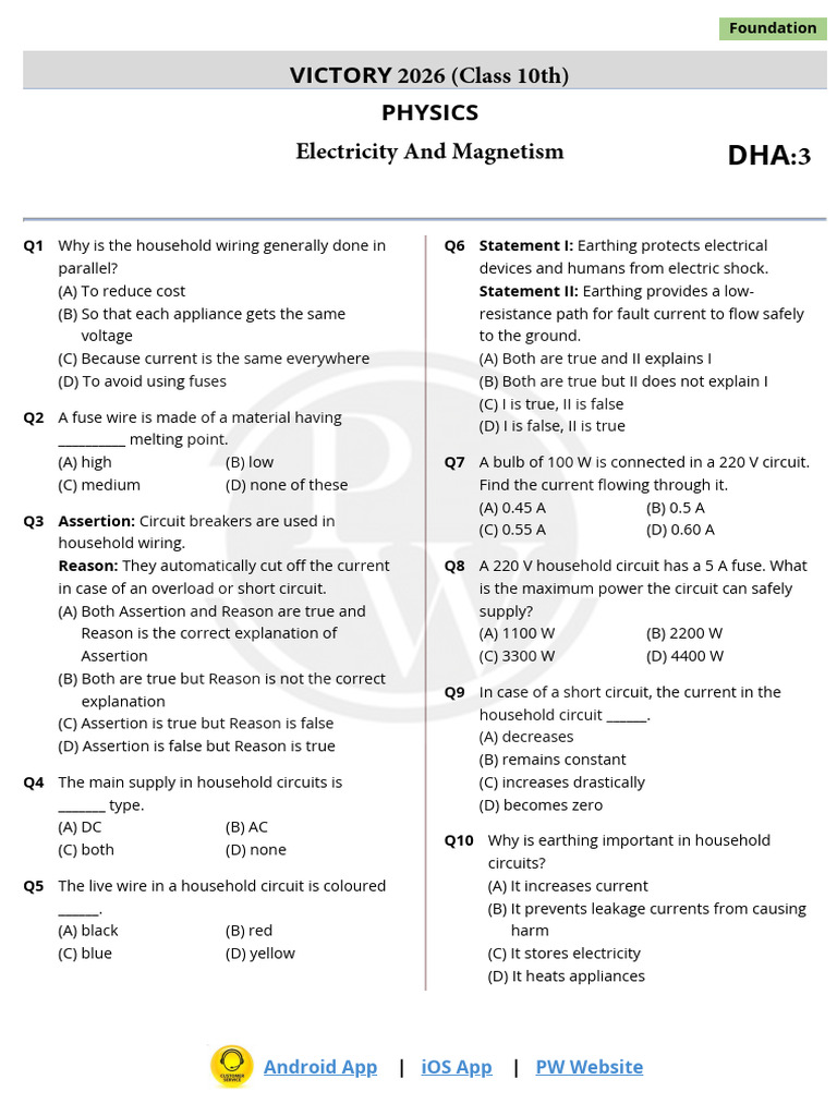 Electricity and Magnetism DHA 03 (of Lec 04).PDF | PDF | Fuse (Electrical) | Mains Electricity