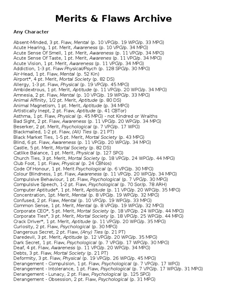 WOD - Merits & Flaws Archive (White Wolf RPG 2nd Edition) | PDF
