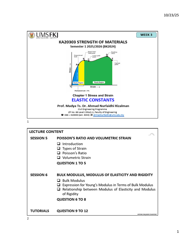 25-26 Ka20303 Lecture 3 Elastic Constants | PDF | Young's Modulus ...