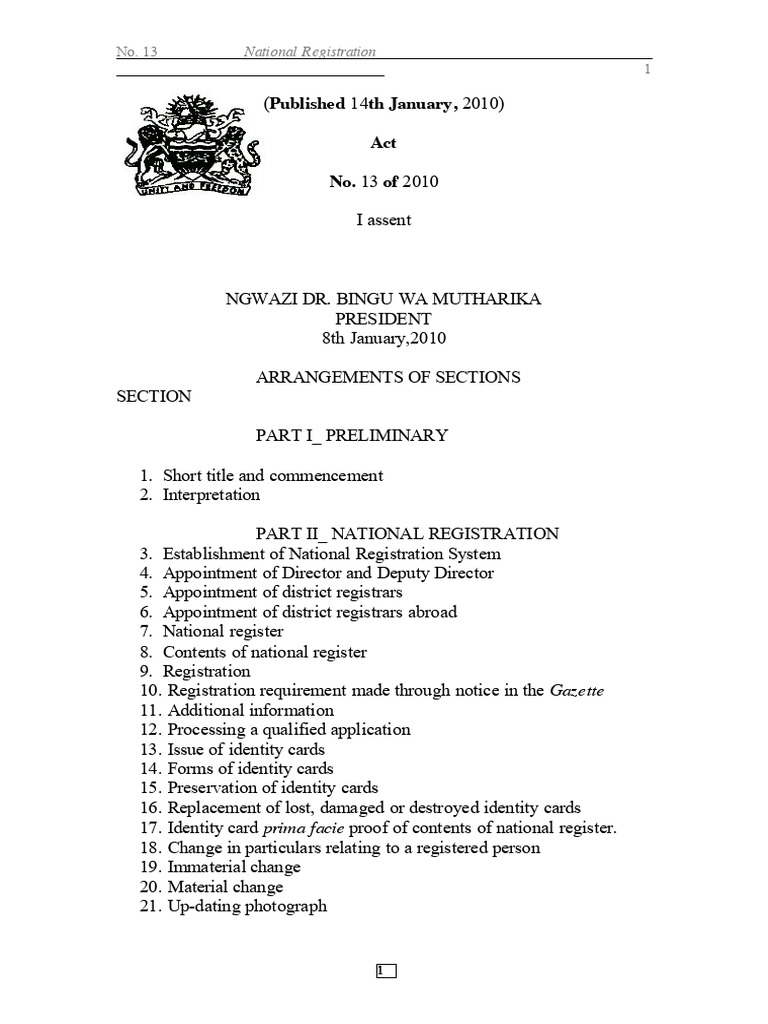 Malawi National Registration Act | PDF