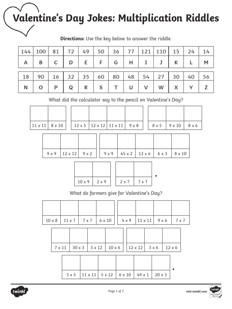 BW Valentine's Day Jokes Multiplication Riddles For 3rd-5th Grade | PDF