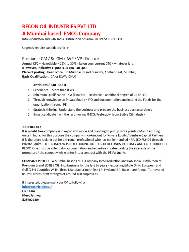 JD - Head Finance - RECON Oil Industries - Mumbai (1) | PDF