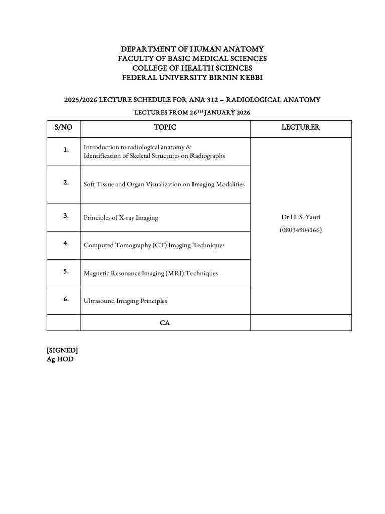 25 - 26 - ANA 312 Lecture Schedule | PDF
