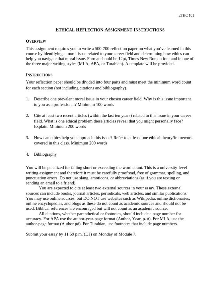 Ethical Reflection Assignment Instructions | PDF