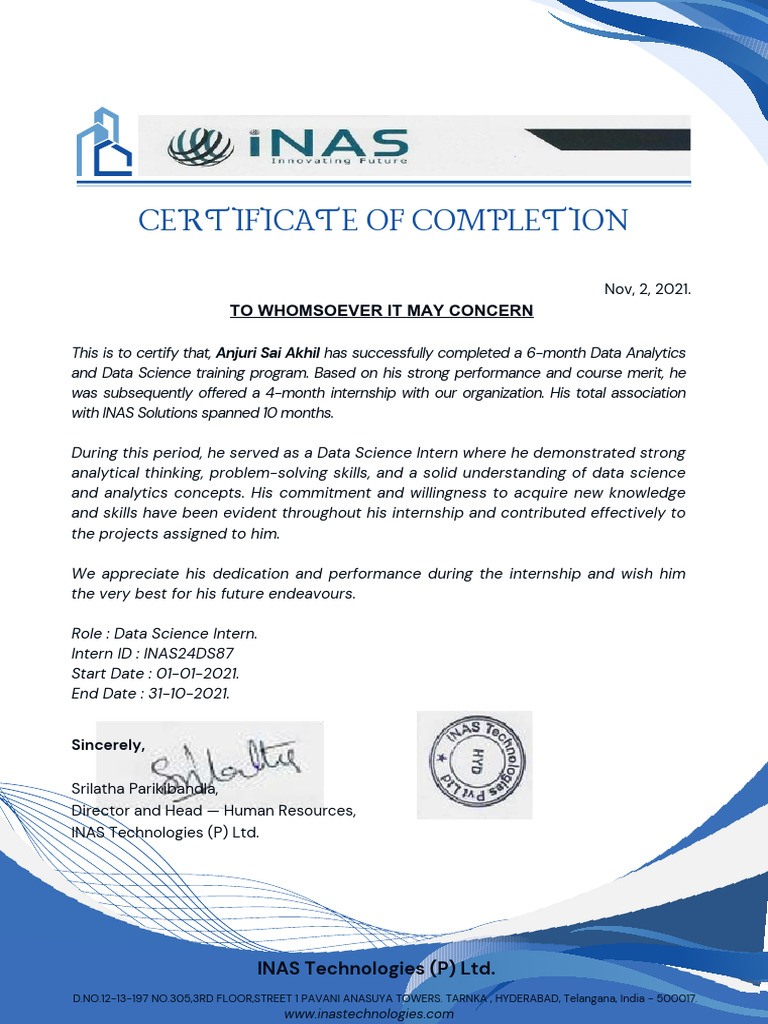 INAS Internship Certificate | PDF
