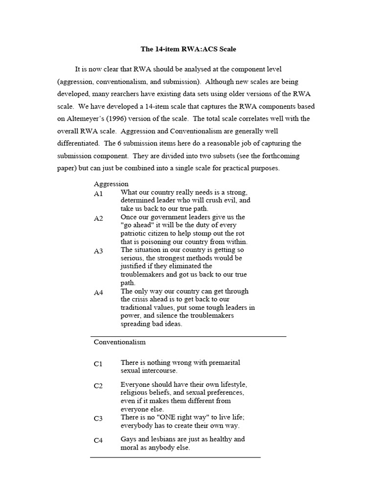 The 14 Item RWA ACS Scale | PDF | Social Psychology | Psychology