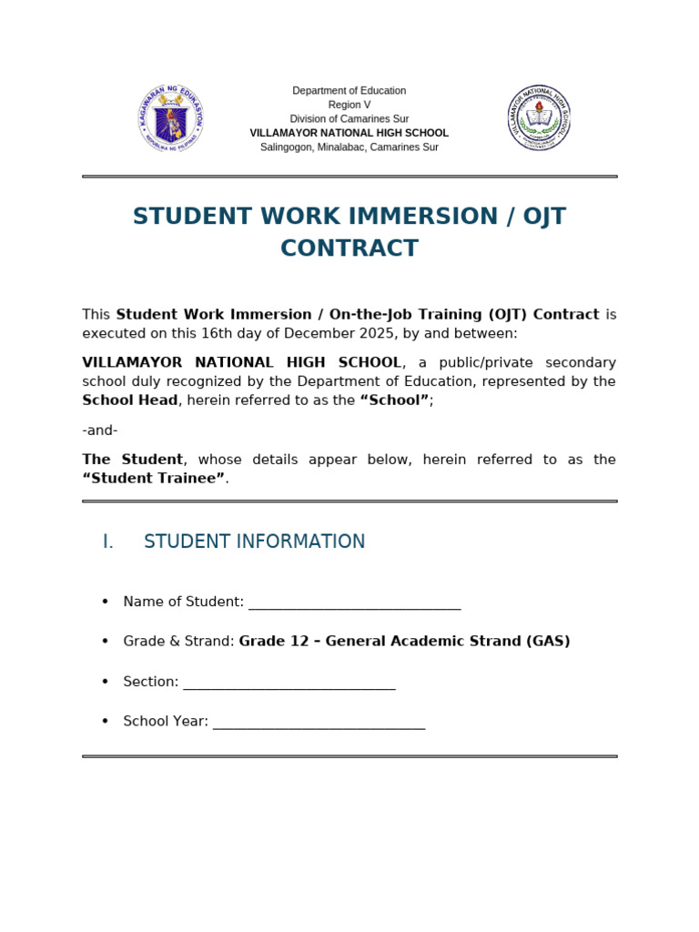 Student Contract - Grade 12 Gas Work Immersion - Ojt | PDF | Justice ...