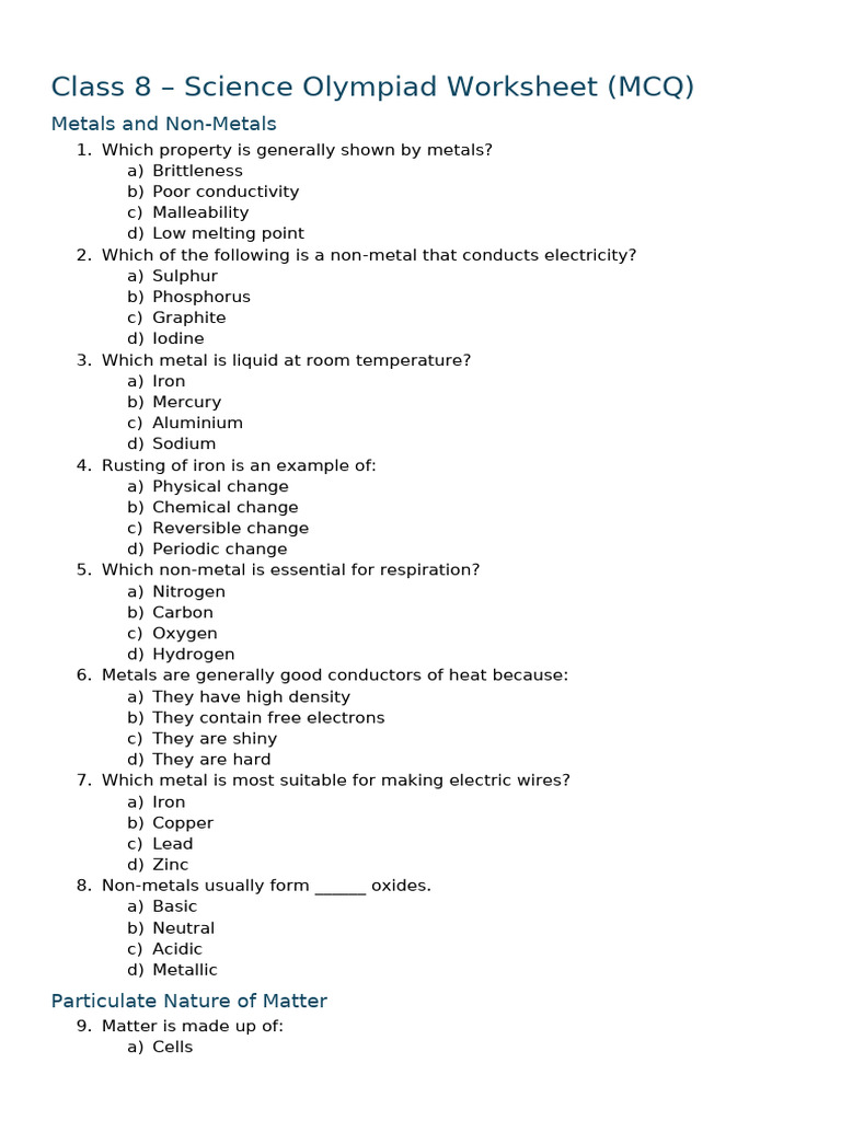 Class 8 Science Olympiad Worksheet – Mcqs | PDF | Metals | Mixture