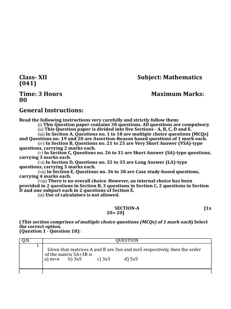 (Qp-1) Class Xii Maths 2025-26 | PDF | Mathematical Analysis ...