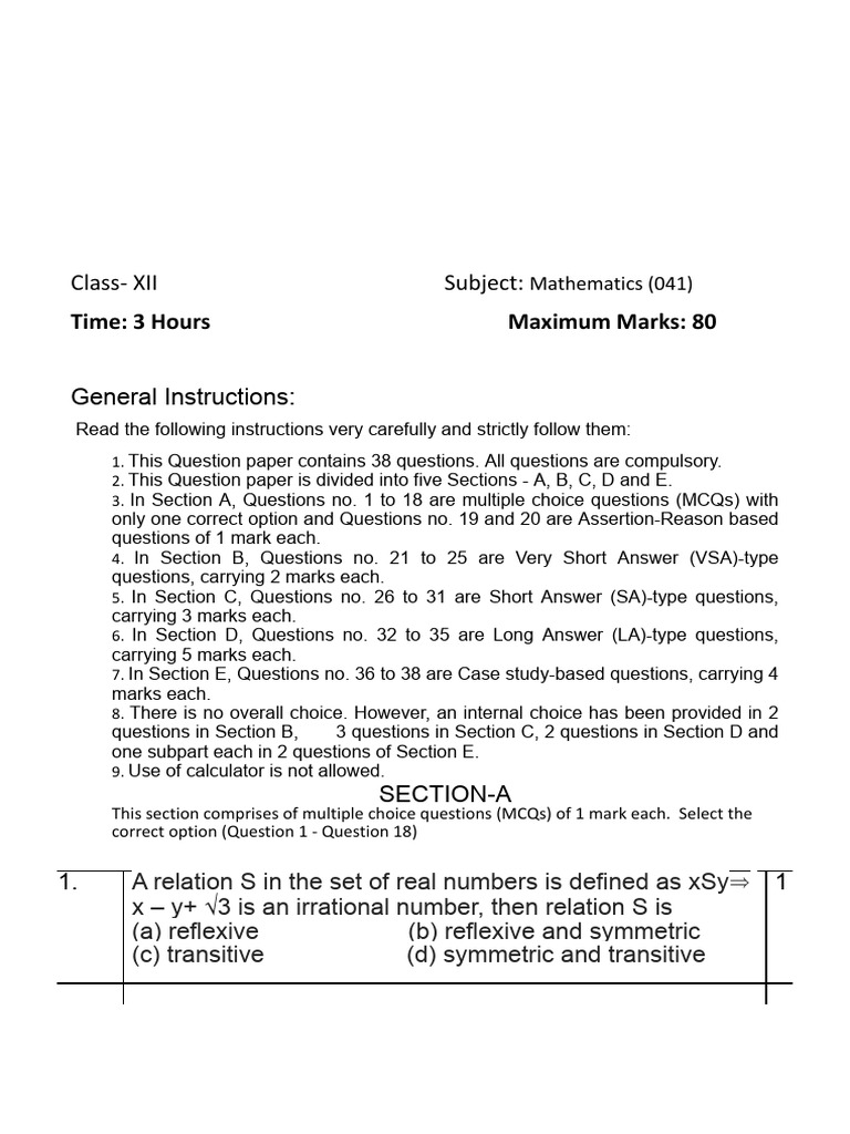(Qp-2) Class Xii Maths 2025-26 | PDF | Function (Mathematics) | Area