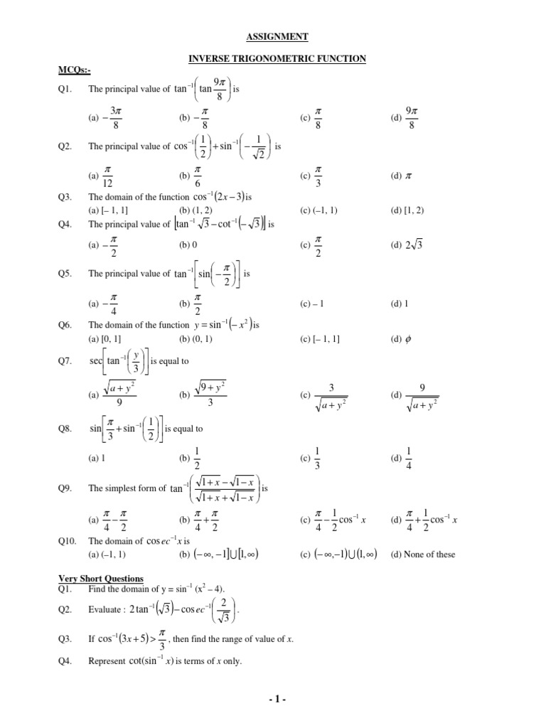 Assignment of Inverse Trigonometric Function | PDF | Function (Mathematics) | Special Functions