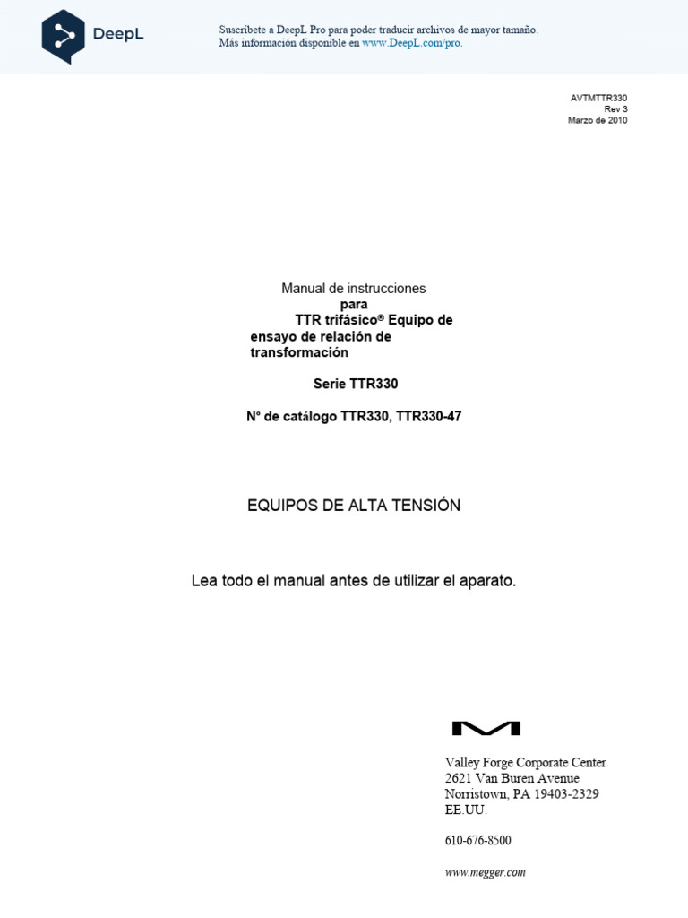 Manual de Usuario Probador de Relación de Transformación Megger TTR330 ...