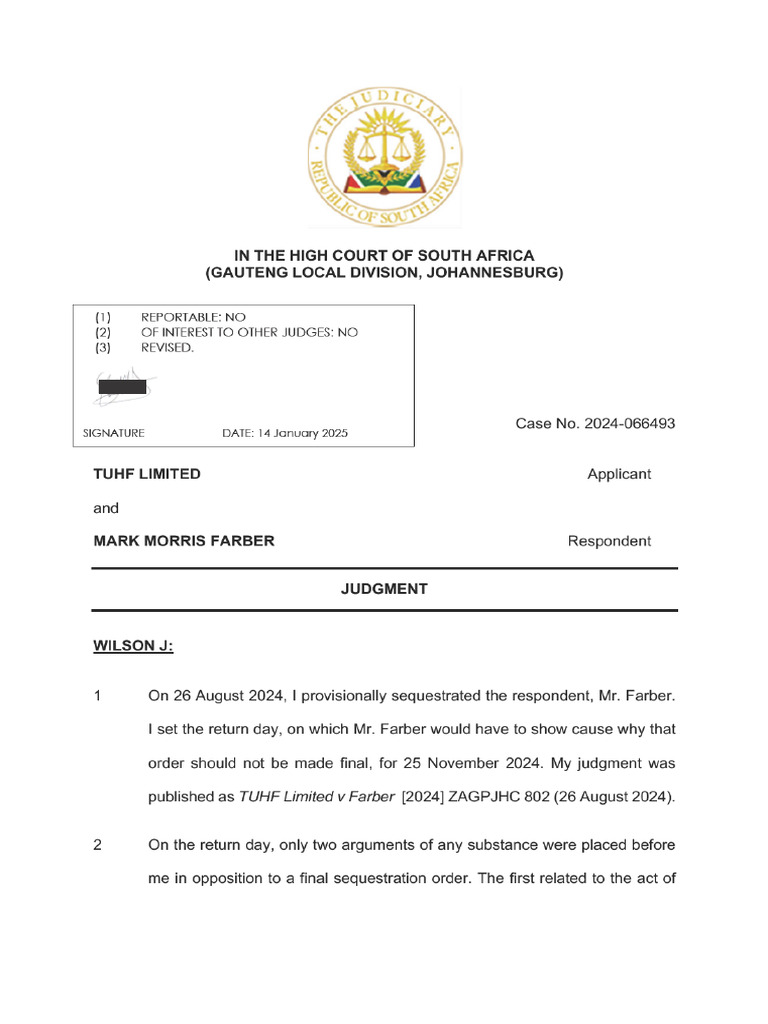 TUHF Limited v Farber (2024066493) [2025] ZAGPJHC 8 (14 January 2025 ...
