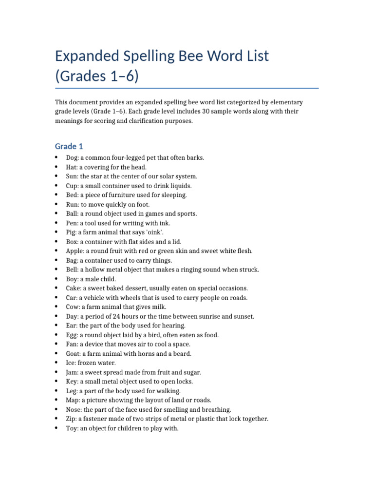 Grade 1&2 Category A Spelling Bee Words List | PDF | Cakes | Water