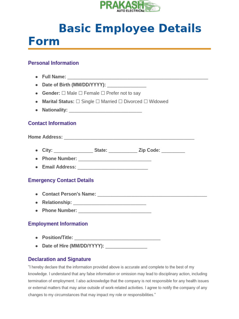 Basic Employee Details Form | PDF