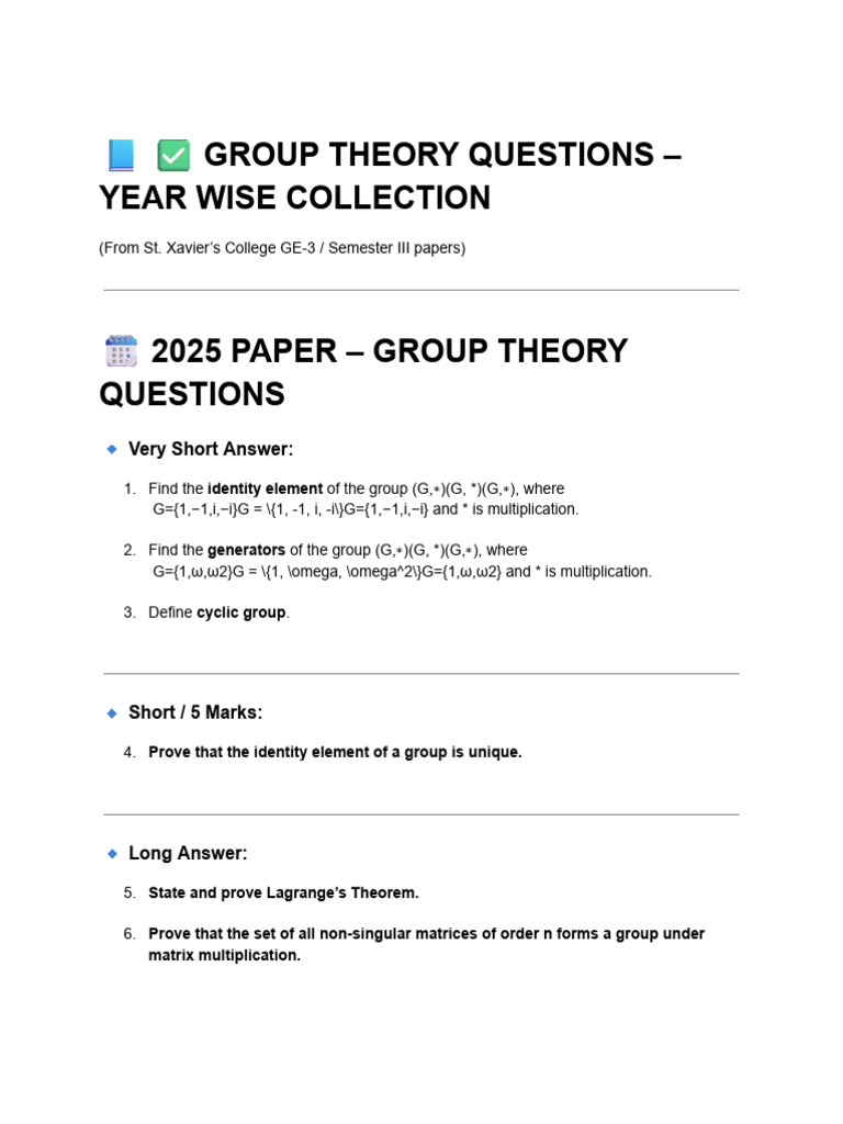 ? GROUP THEORY QUESTIONS – YEAR WISE COLLECTION - Google Docs | PDF ...
