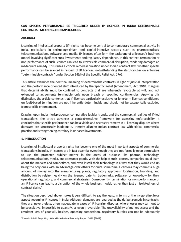 Can Specific Performance Be Triggered Under IP License in India-2 | PDF ...