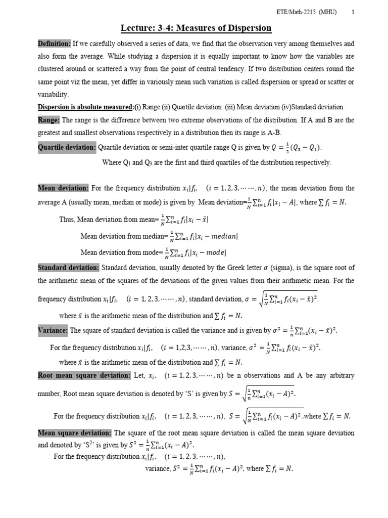 Lecture-3-4 Measures of Dispersion & Location | PDF | Mean | Percentile
