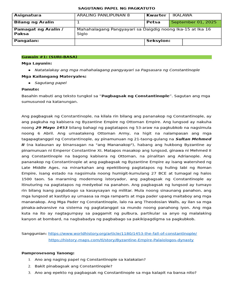 q2 w1 Pagbagsak Ng Constantinople Worksheet (2) | PDF