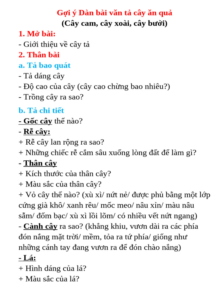 Gợi ý Dàn Bài Văn Tả Cây Ăn Quả | PDF