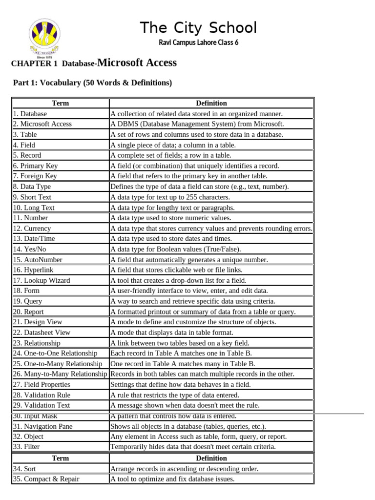 Grade 6 Chapter 1 - Notes | PDF | Databases | Microsoft Access