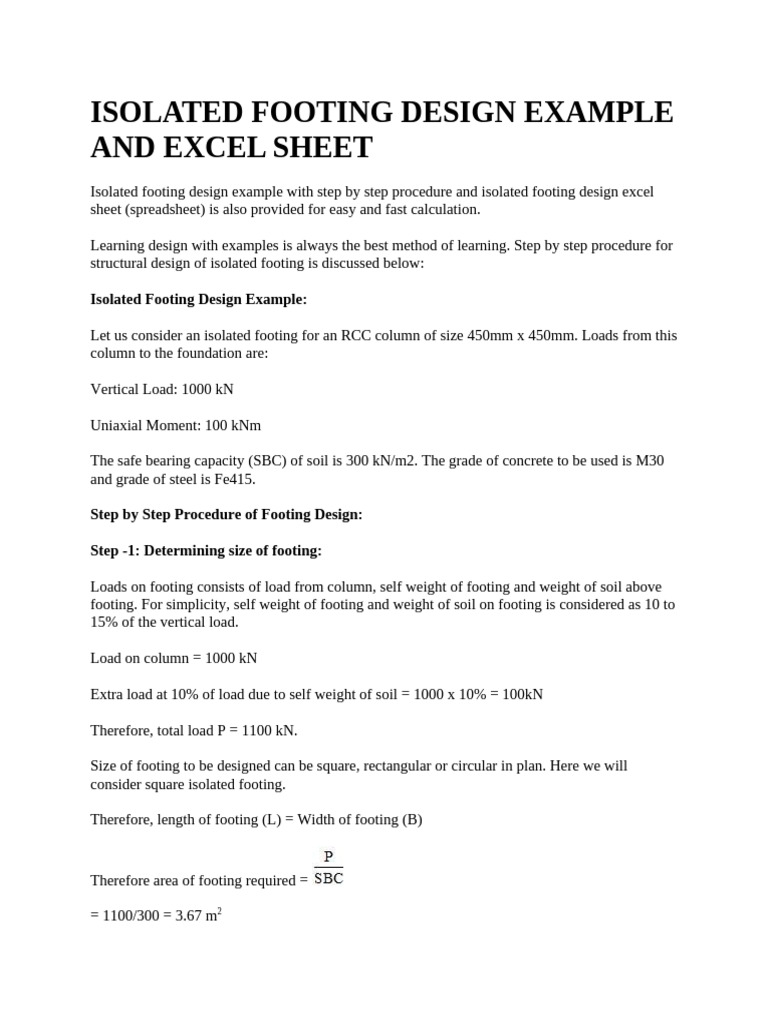 Isolated Footing Design Example and Excel Sheet | PDF | Bending ...