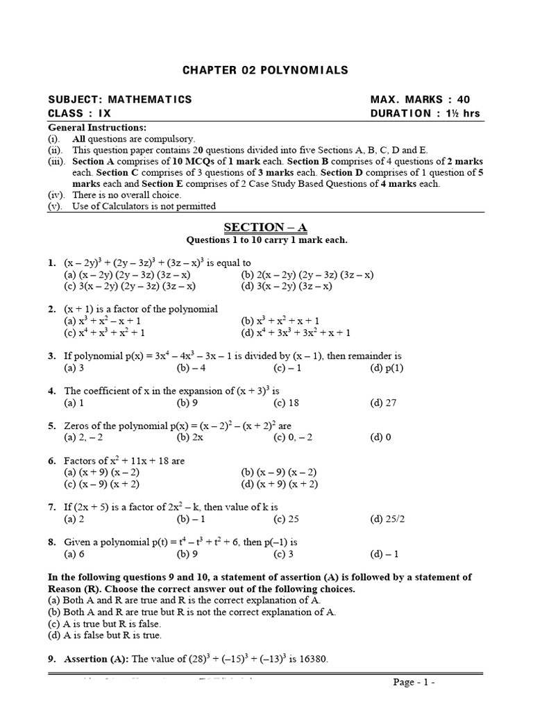 maths-class-ix-chapter-02-polynomials-practice-paper-02 | PDF | Mathematics | Algebra