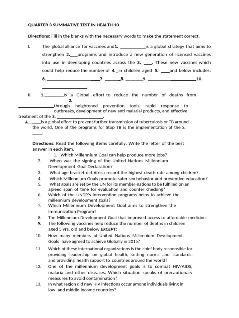 Q3 Health Summative Test Questions | PDF | Developing Country | Global ...