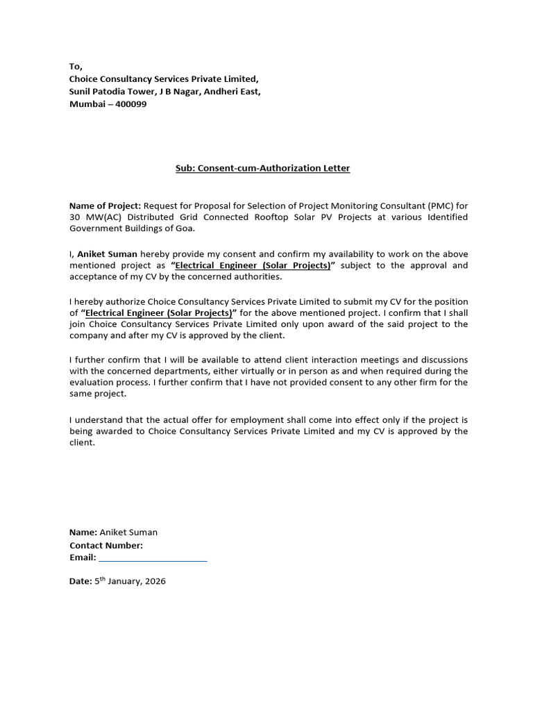 Consent Letter - Aniket Suman - Electrical Engineer (Solar Projects ...