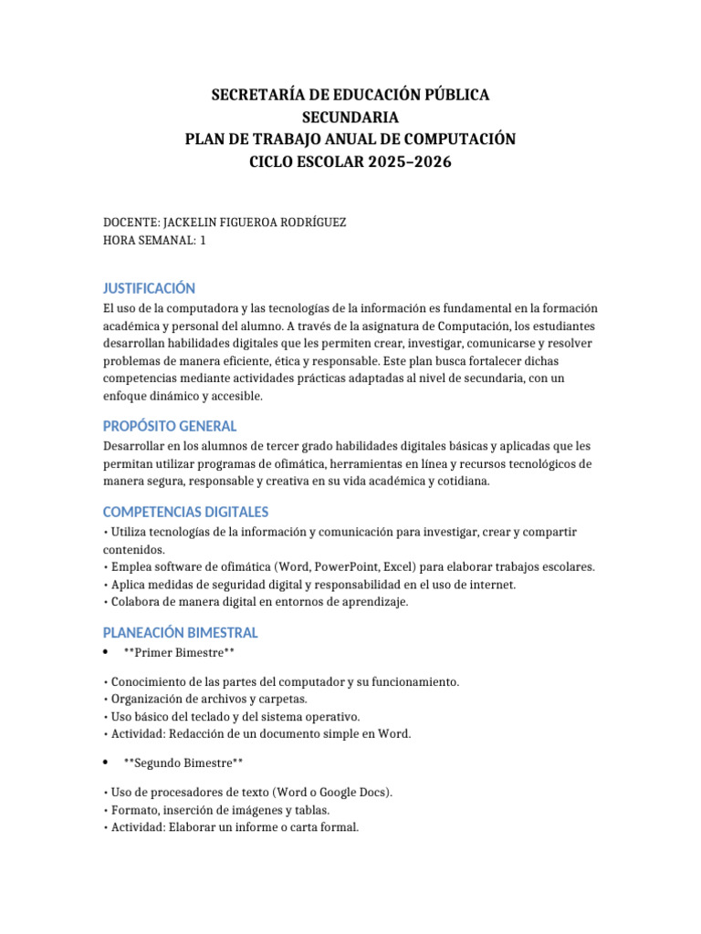 Plan de Trabajo Computacion Jackelin Figueroa Rodriguez | PDF ...