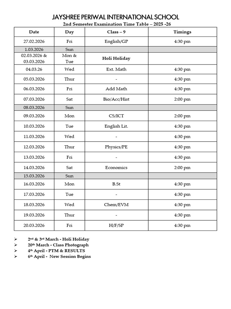 Grade - 9 - 2nd Semester Examination Time Table 2025-26 | PDF