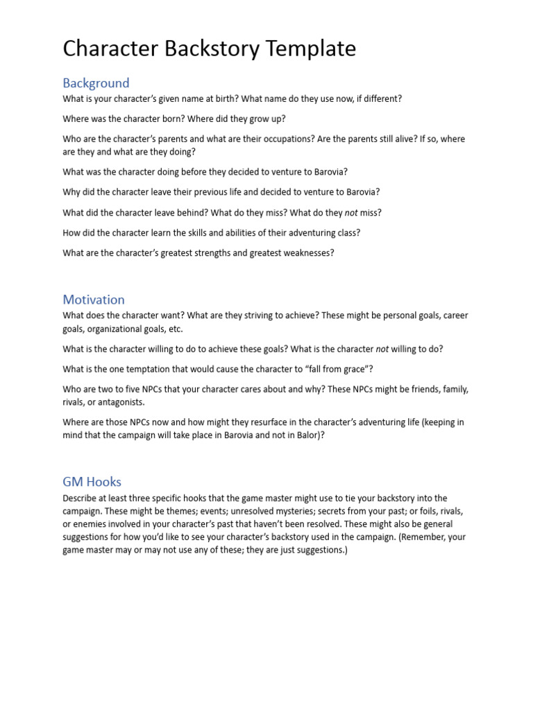 Backstory Template | PDF