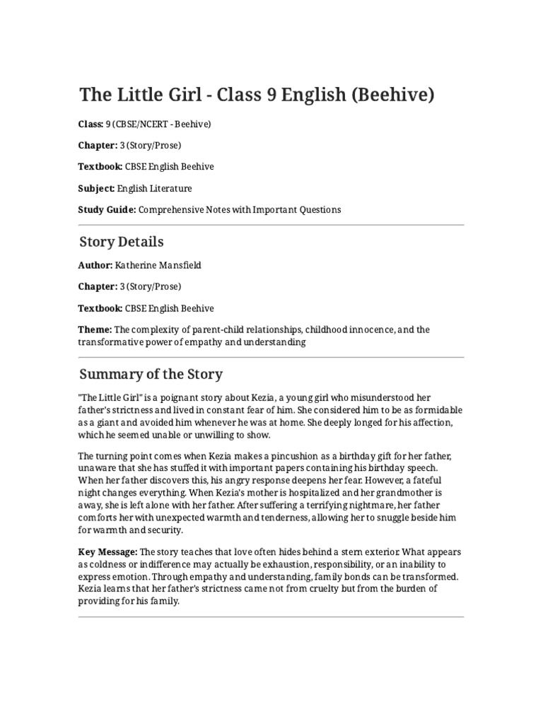 The Little Girl - Class 9 English | PDF | Love | Empathy