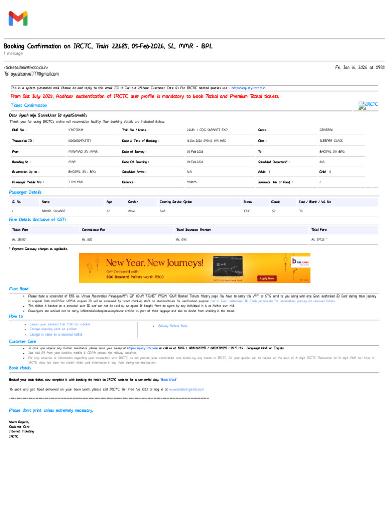 Gmail - Booking Confirmation On IRCTC, Train - 22685, 05-Feb-2026, SL ...