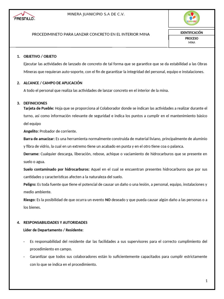 Procedimiento para Zarpeo | PDF | Minería | Hormigón