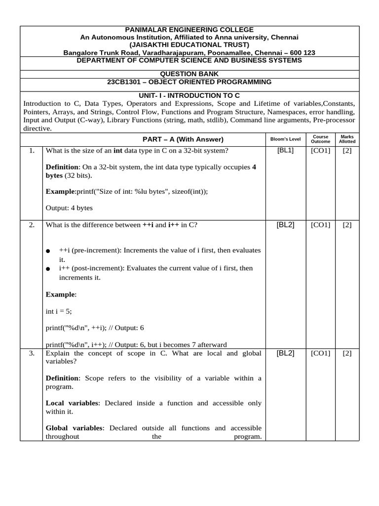 Oops Question Bank 25-26 | PDF | Class (Computer Programming) | Pointer ...