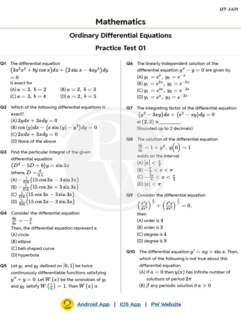 ODE Practice Test 1 Questions | PDF | Mathematical Concepts ...