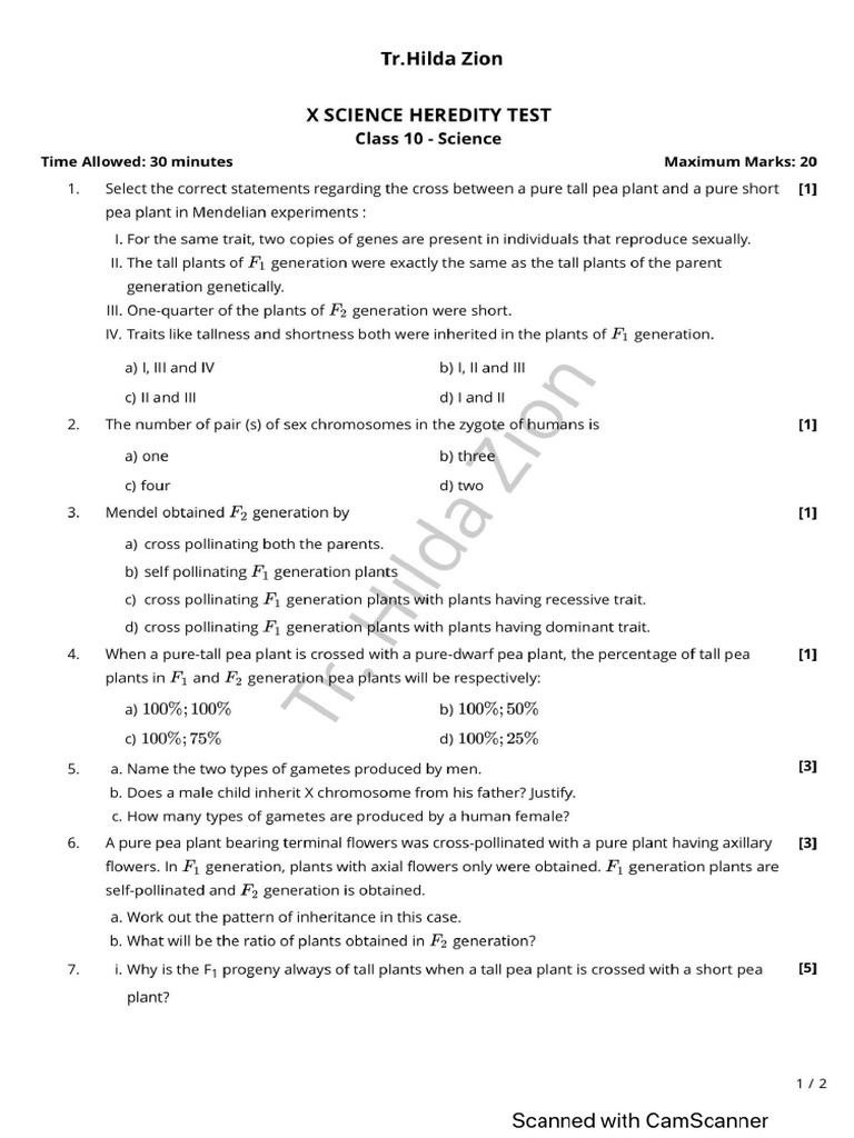 X Science Heredity Class Test 2026-01-20 | PDF