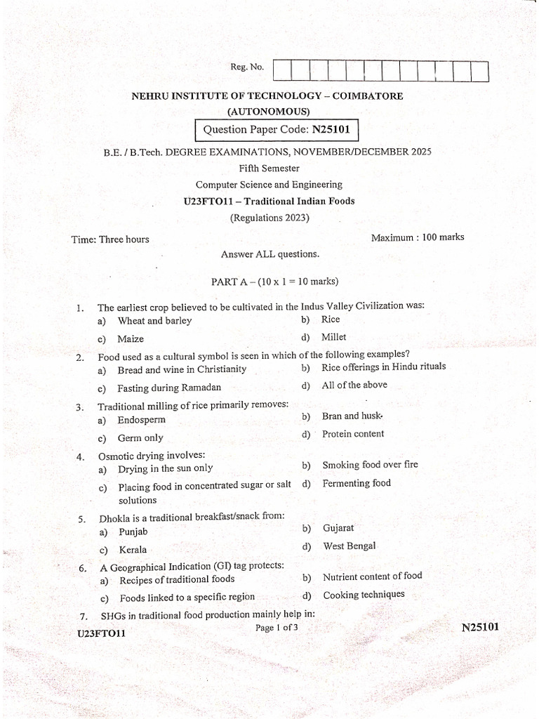U23FT011 - Traditional Indian Foods - Semester Question Paper (Nov-Dec ...
