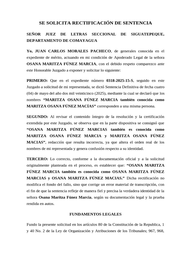 Se Solicita Rectificación de Sentencia | PDF | Sentencia (ley) | Judicaturas